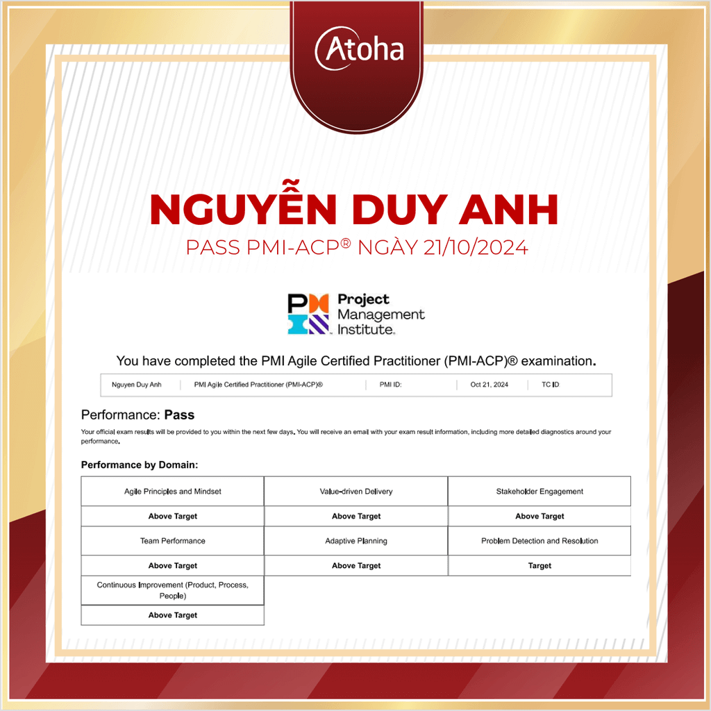 Nguyễn Duy Anh, PMI-ACPONLINEPRO31, pass PMI-ACP ngày 21/10/2024 – Atoha
