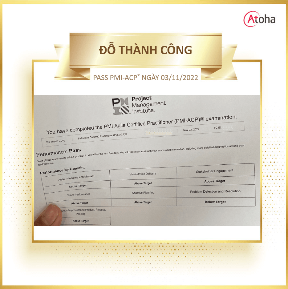 Đỗ Thành Công, PMI-ACPONLINEPRO8, pass PMI-ACP ngày 03/11/2022. – Atoha