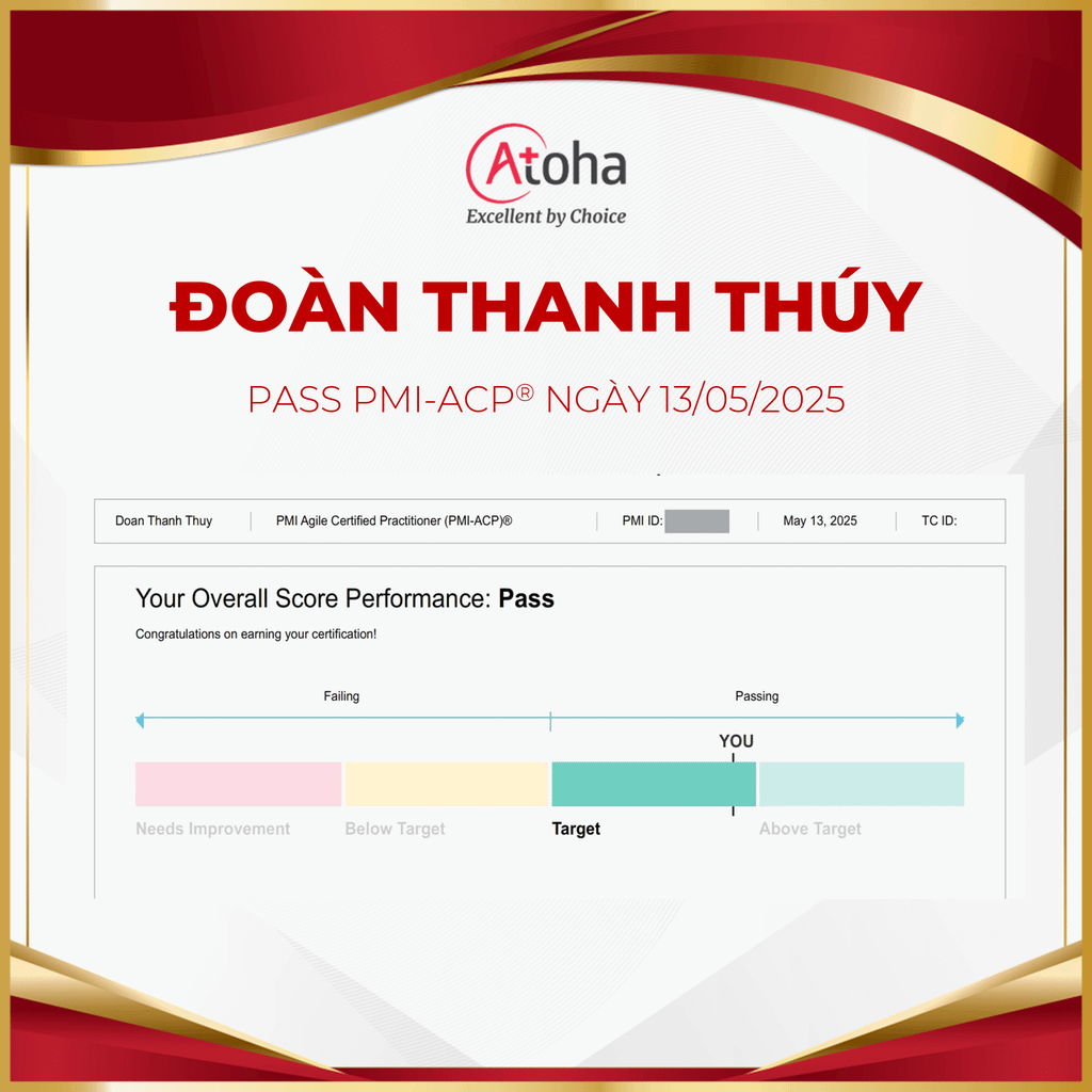 Đoàn Thanh Thúy, PMI-ACPONLINEPRO32, pass PMI-ACP® ngày 13/05/2025 – Atoha