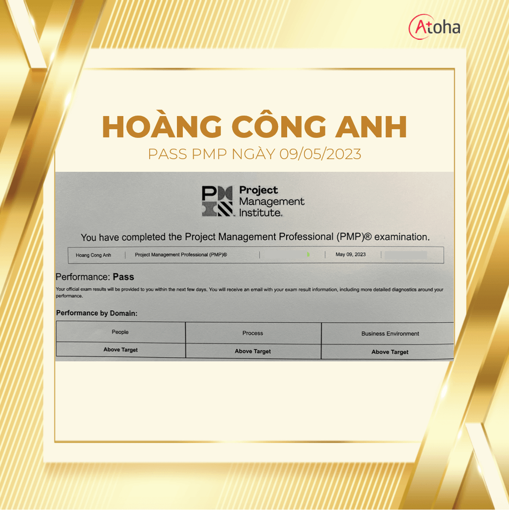Hoàng Công Anh, PMPONLINEPRO25, pass PMP max score ngày 09/05/2023 – Atoha