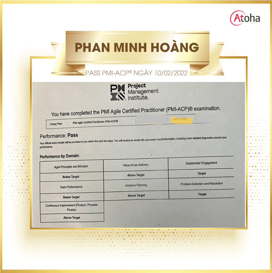 Phan Minh Hoàng, PMI-ACPONLINEPRO6, pass PMI-ACP ngày 10/02/2022 – Atoha