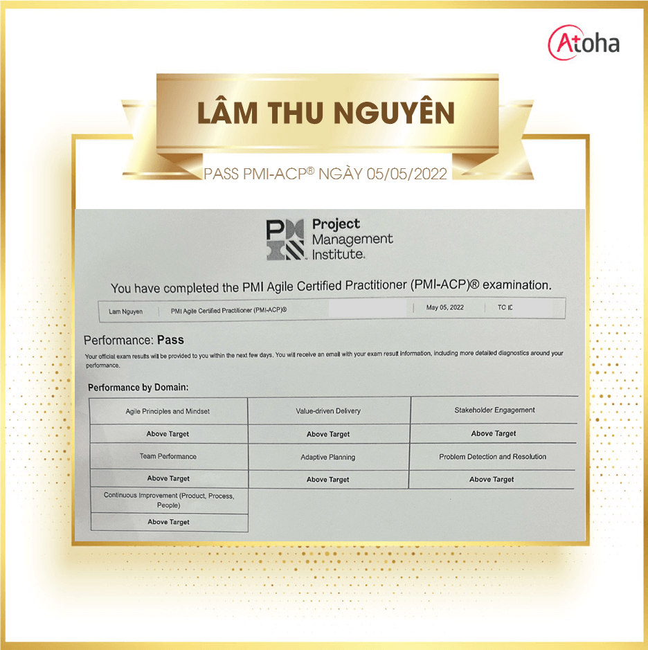 Lâm Thu Nguyên, PMI-ACPONLINEPRO10, pass PMI-ACP max score – Atoha