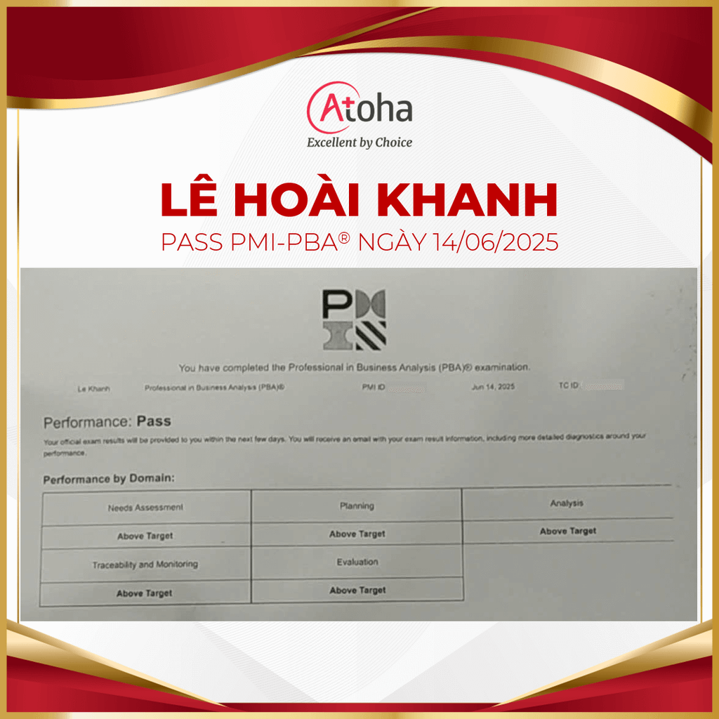 Lê Hoài Khanh, PMI-PBAONLINEPRO16, pass PMI-PBA ngày 14/06/2025 – Atoha