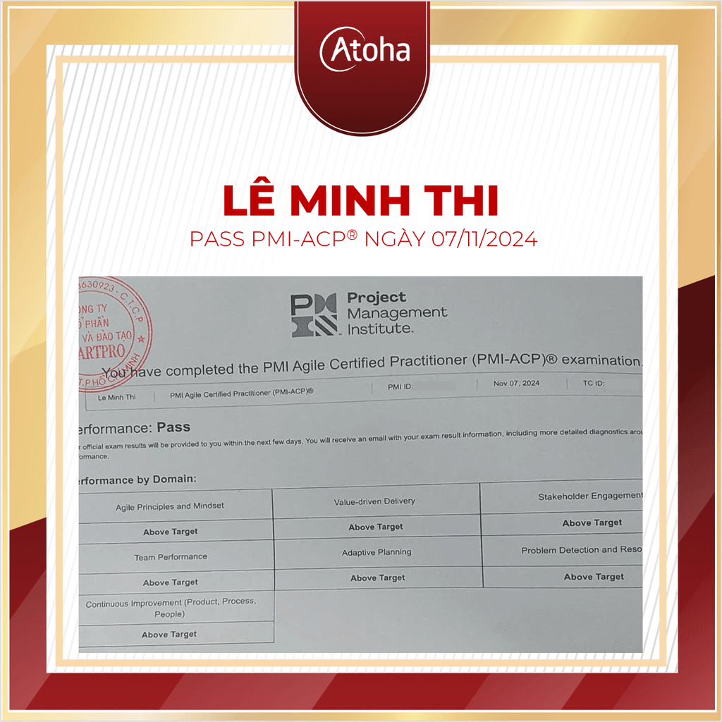 Lê Minh Thi, PMI-ACPONLINEPRO16, pass PMI-ACP max score ngày 07/11/202 – Atoha