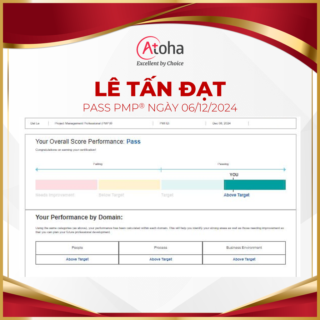 Lê Tấn Đạt, PMPPRO44, pass max score PMP® ngày 06/12/2024 – Atoha