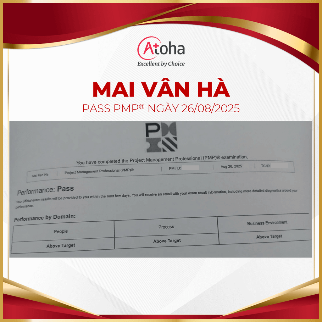 Mai Vân Hà, PMPONLINEPRO51, pass PMP ngày 26/08/2025 – Atoha