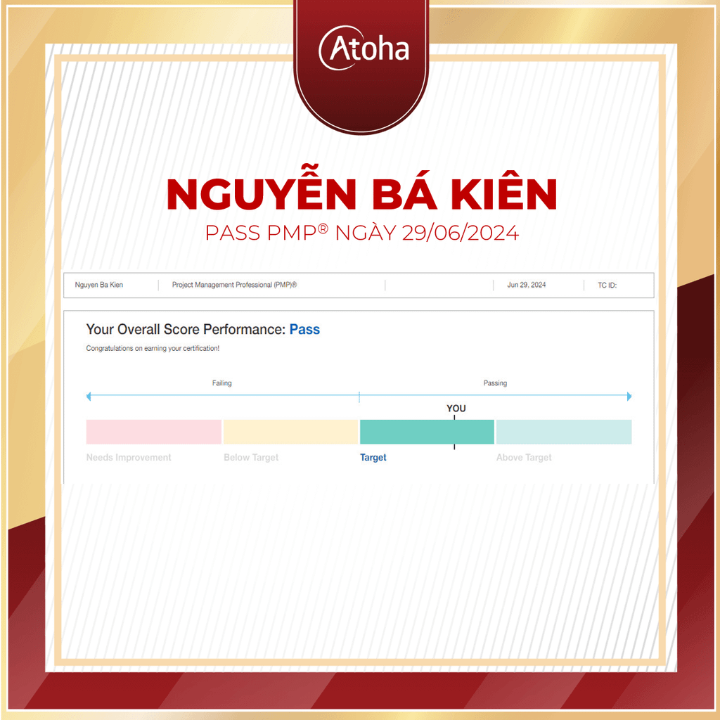 Nguyễn Bá Kiên, PMPONLINEPRO20, pass PMP ngày 29/06/2024 – Atoha