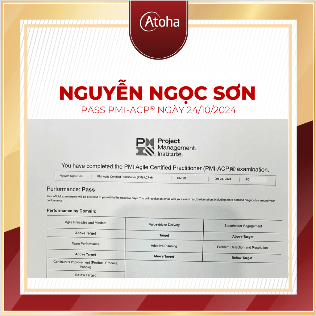 Nguyễn Ngọc Sơn, PMI-ACPONLINEPRO31, pass PMI-ACP ngày 24/10/2024 – Atoha