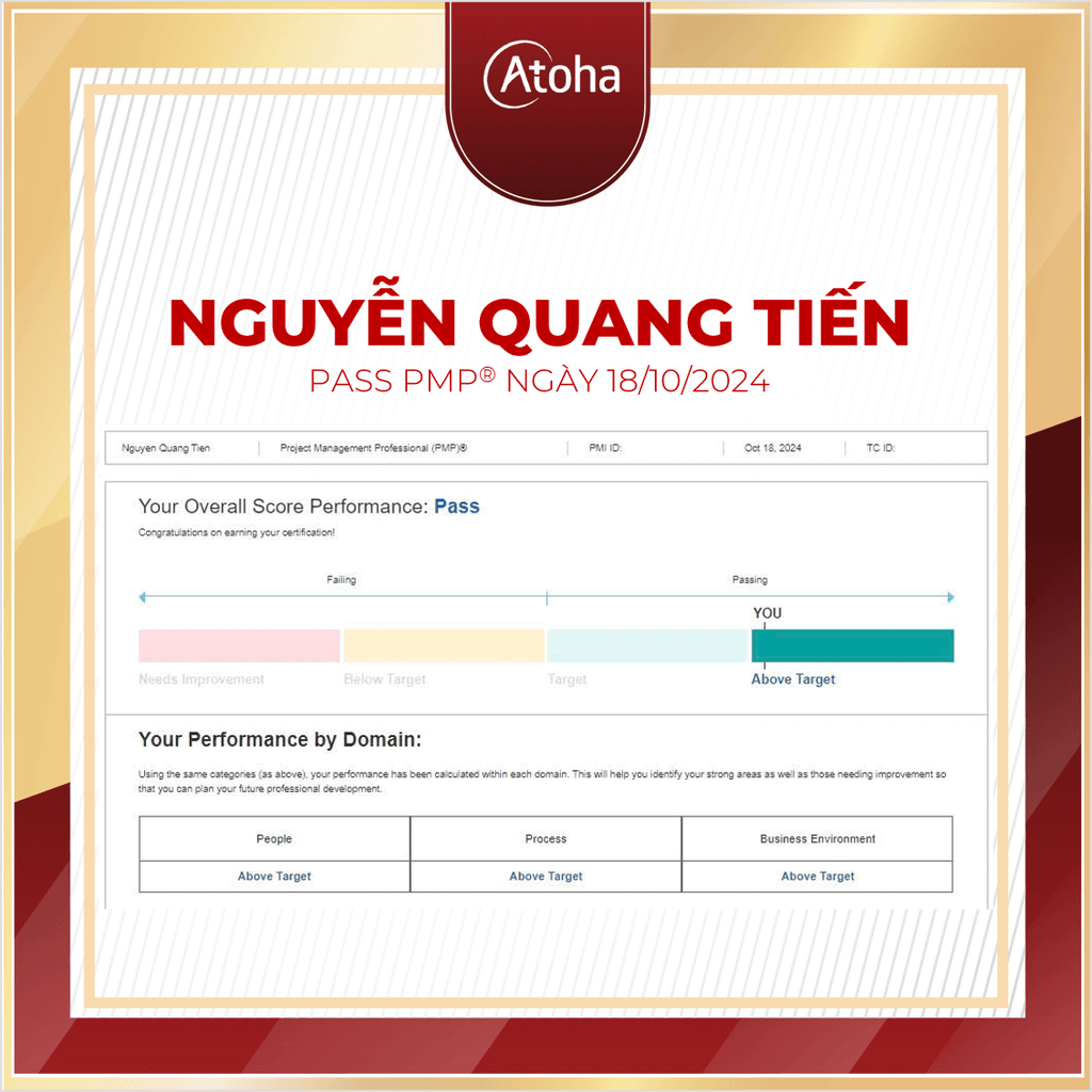 Nguyễn Quang Tiến, PMPONLINEPRO39, pass PMP max score ngày 18/10/2024 – Atoha