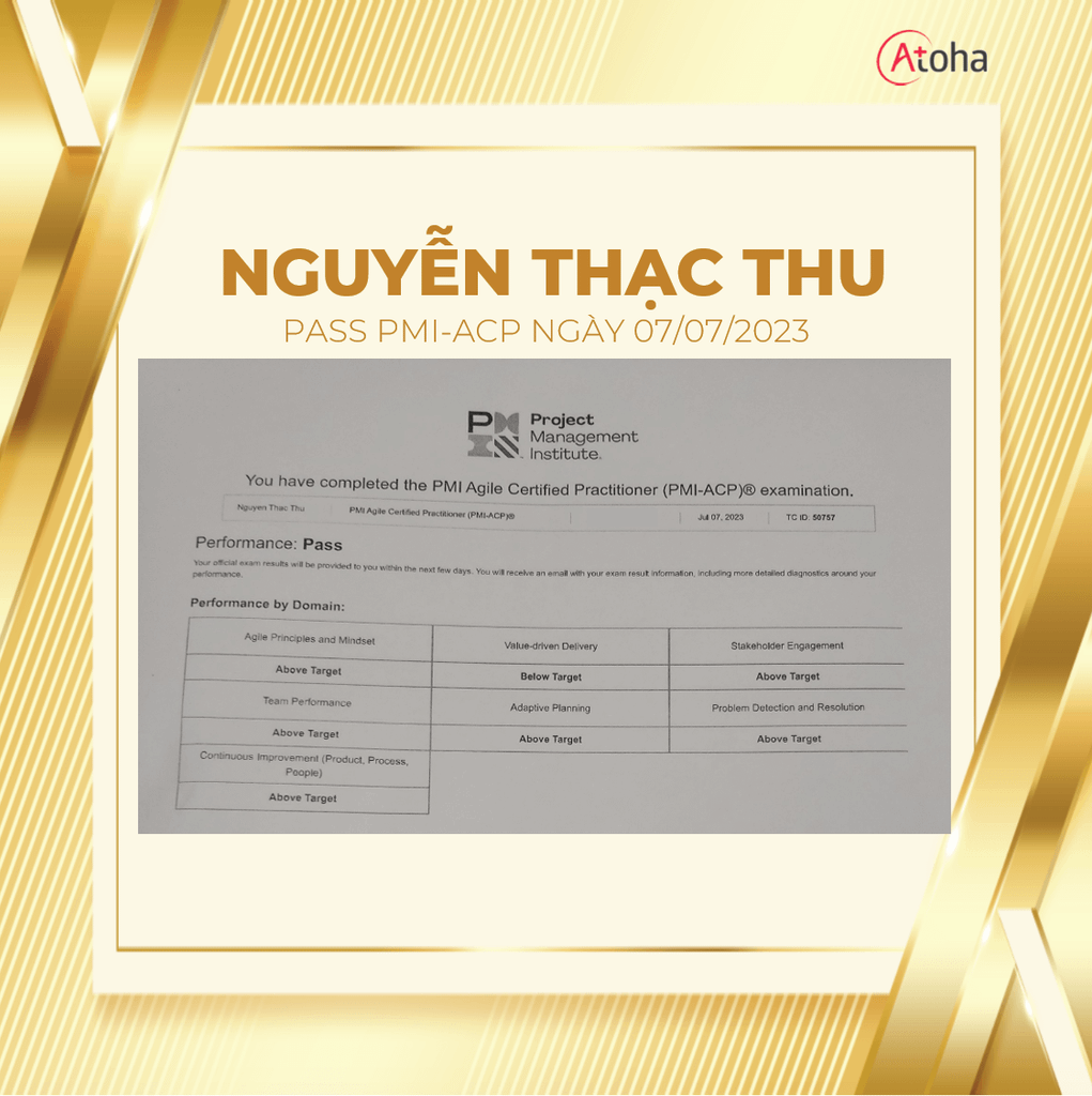 Nguyễn Thạc Thu, PMI-ACPONLINEPRO5, pass PMI-ACP ngày 07/07/2023 – Atoha