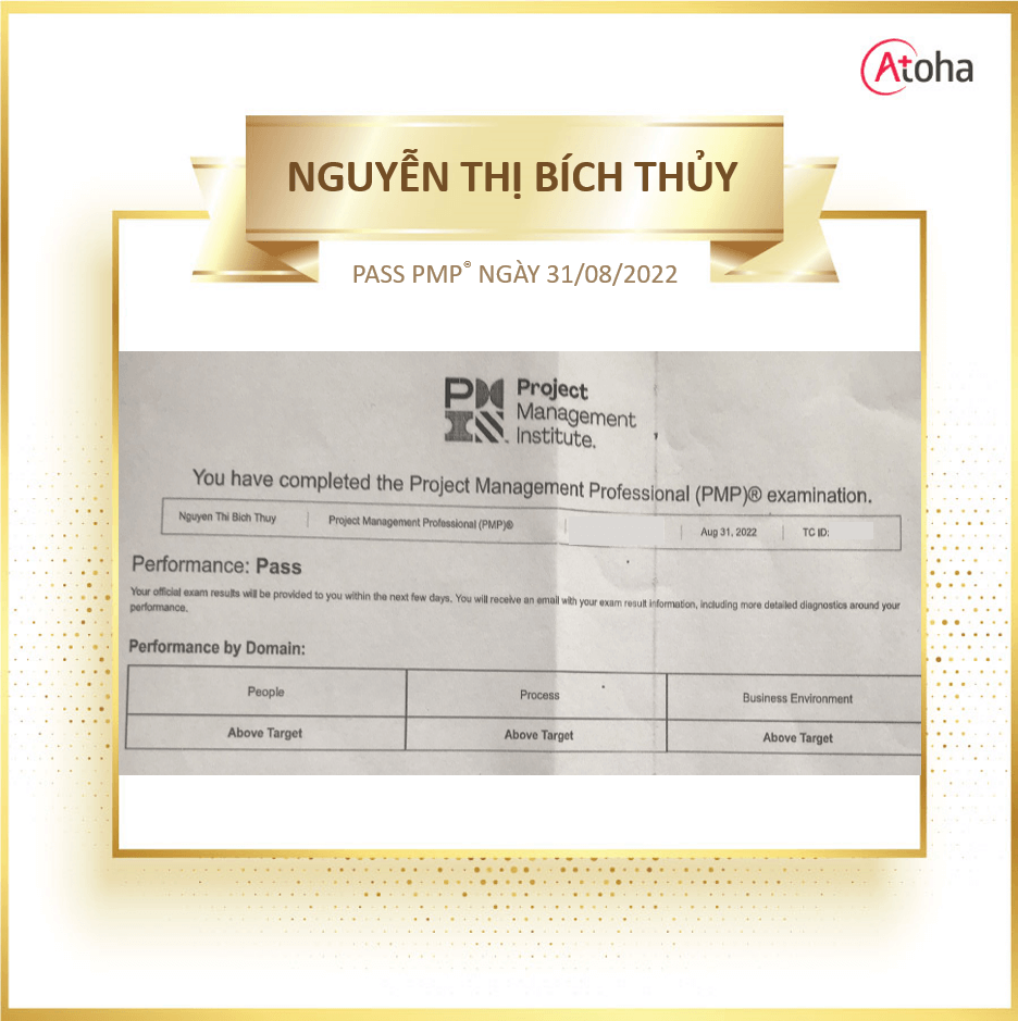 Nguyễn Thị Bích Thuỷ, PMPONLINEPRO15, pass PMP max score ngày 31/08 – Atoha