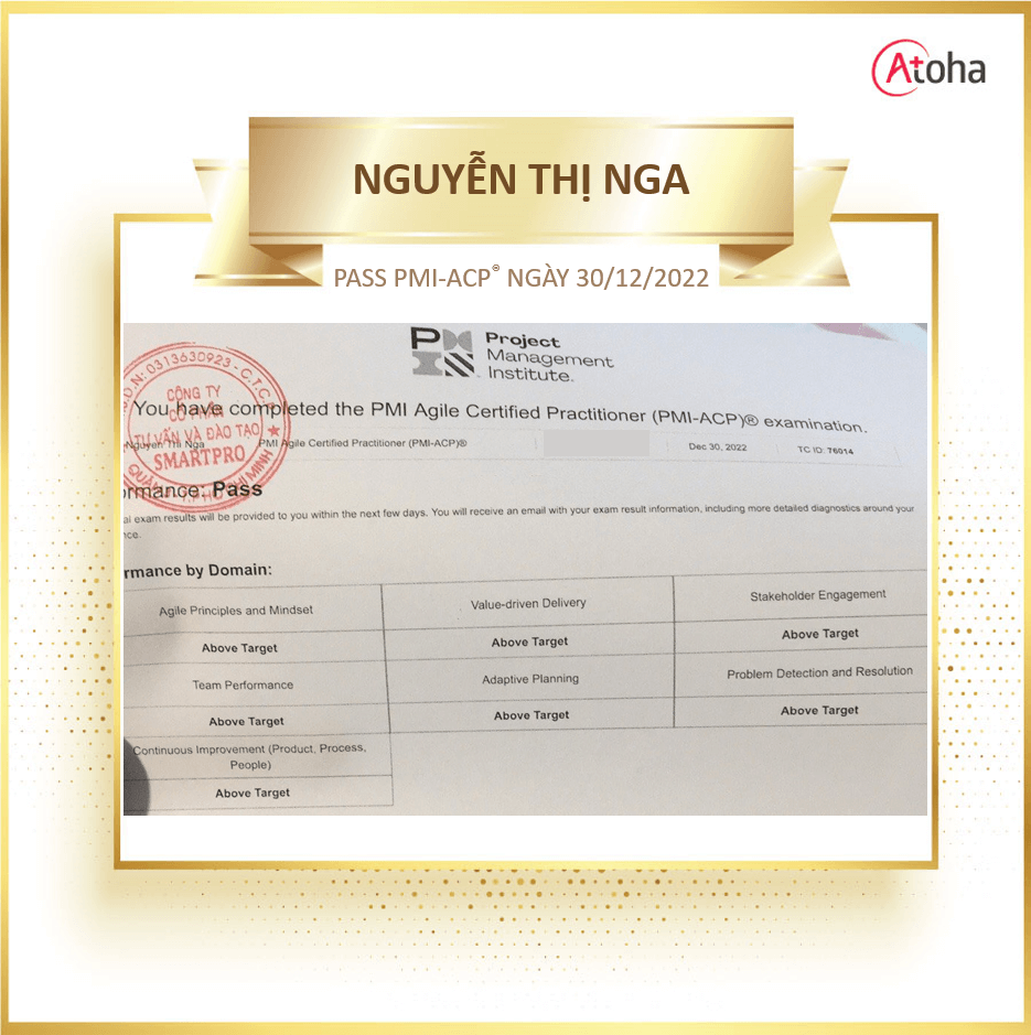Nguyễn Thị Nga, PMI-ACPONLINEPRO16, pass PMI-ACP max score ngày 30/12 – Atoha