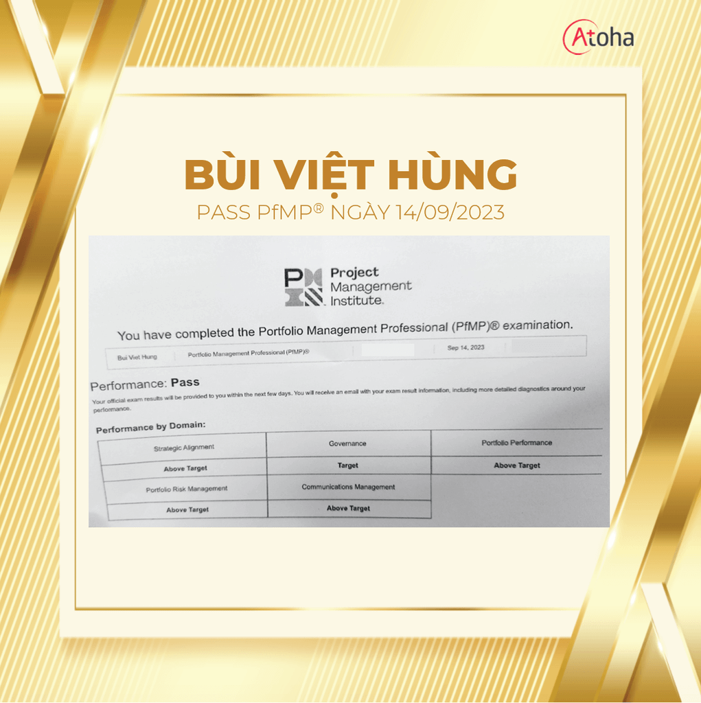 Anh Bùi Việt Hùng, PfMPONLINEPRO6, pass PfMP® ngày 14/09/2023 – Atoha