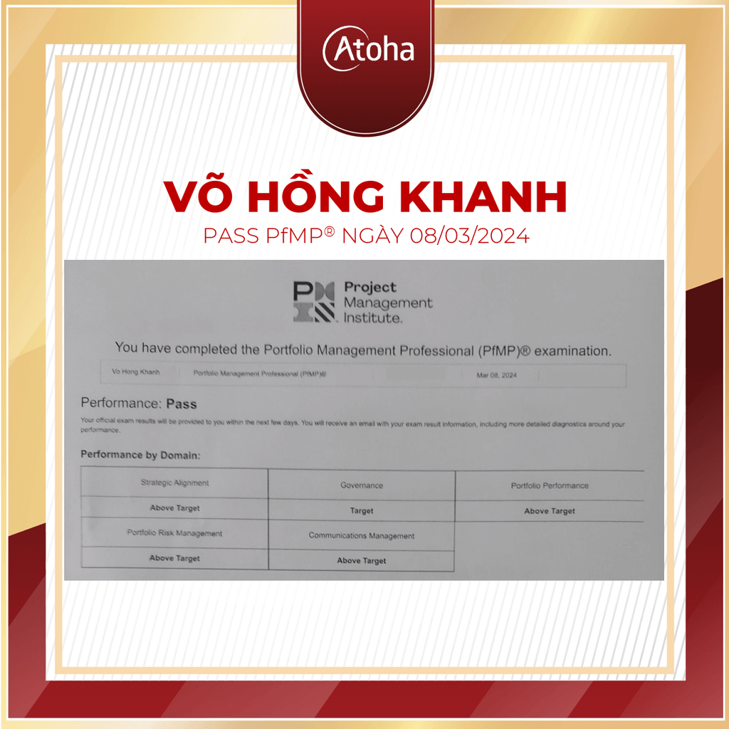 Trainer Võ Hồng Khanh passed PfMP® near max score ngày 08/03/2024 – Atoha