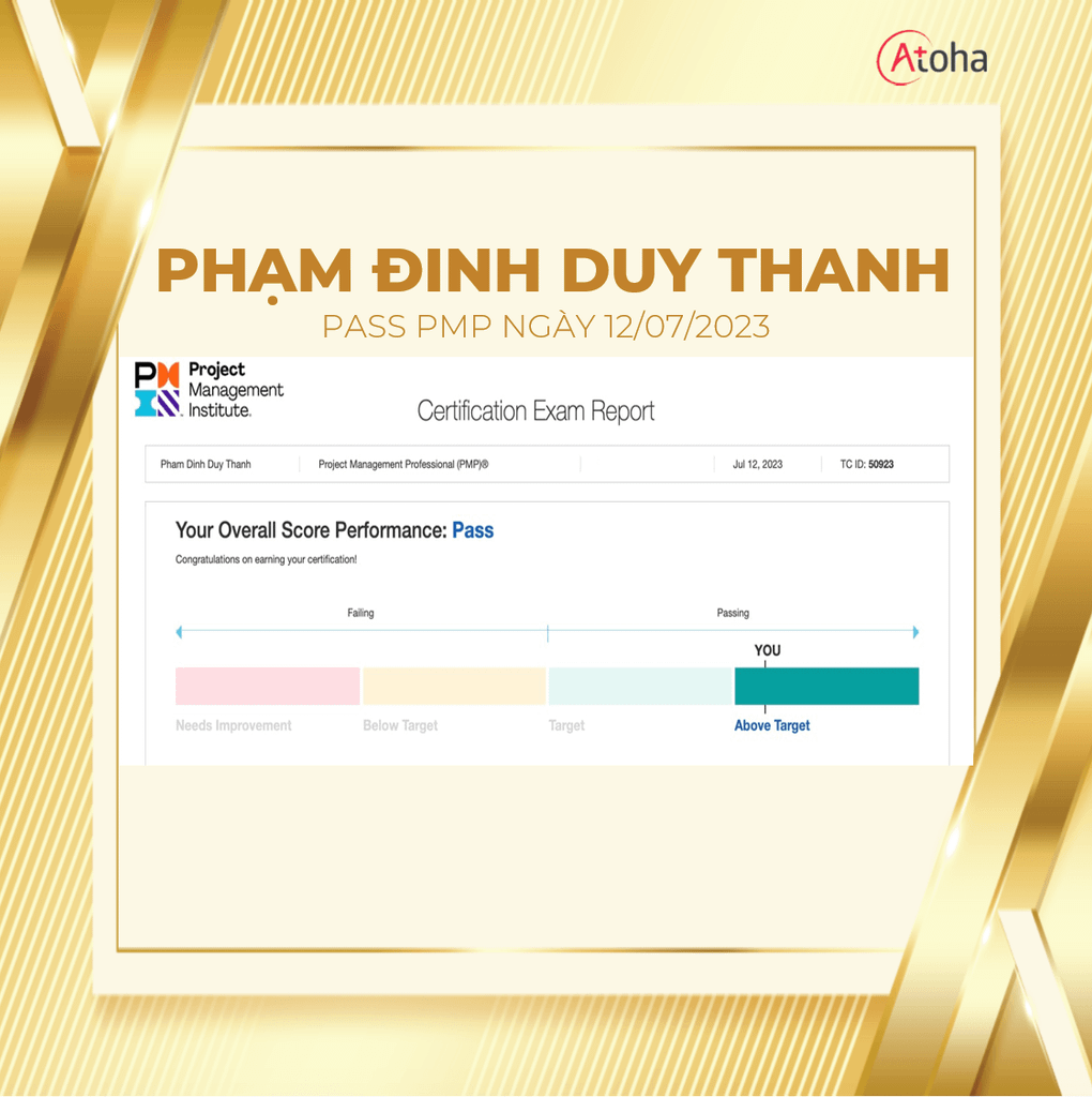Phạm Đinh Duy Thanh, PMPPRO27, pass PMP max score ngày 12/07/2023. – Atoha