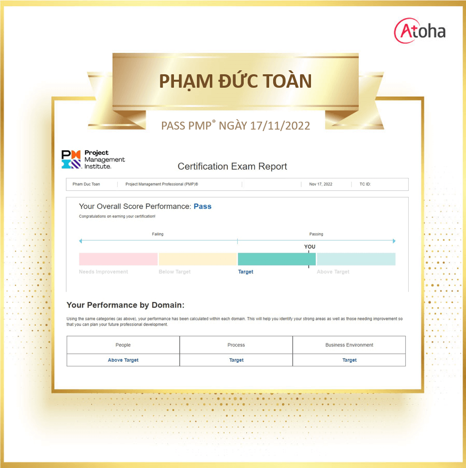 Phạm Đức Toàn, PMPPROHN12, pass PMP ngày 17/11/2022 – Atoha