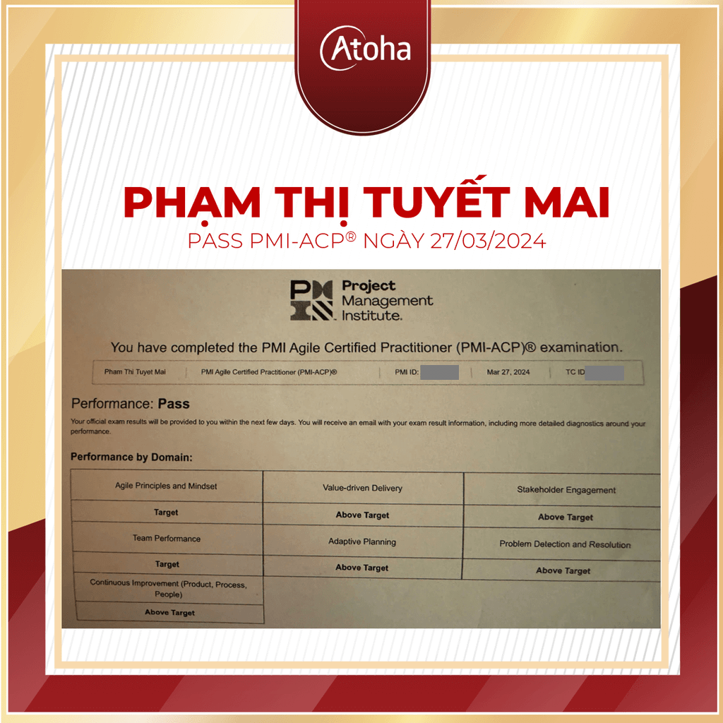 Phạm Thị Tuyết Mai, PMI-ACPONLINEPRO22, pass PMI-ACP ngày 27/03/2024 – Atoha