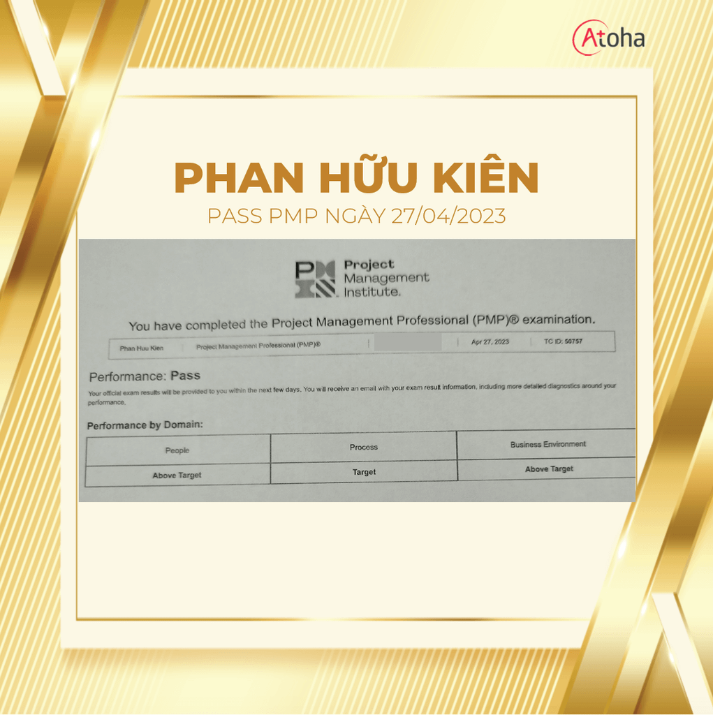 Phan Hữu Kiên, PMPONLINEPRO20, pass PMP ngày 27/04/2023 – Atoha