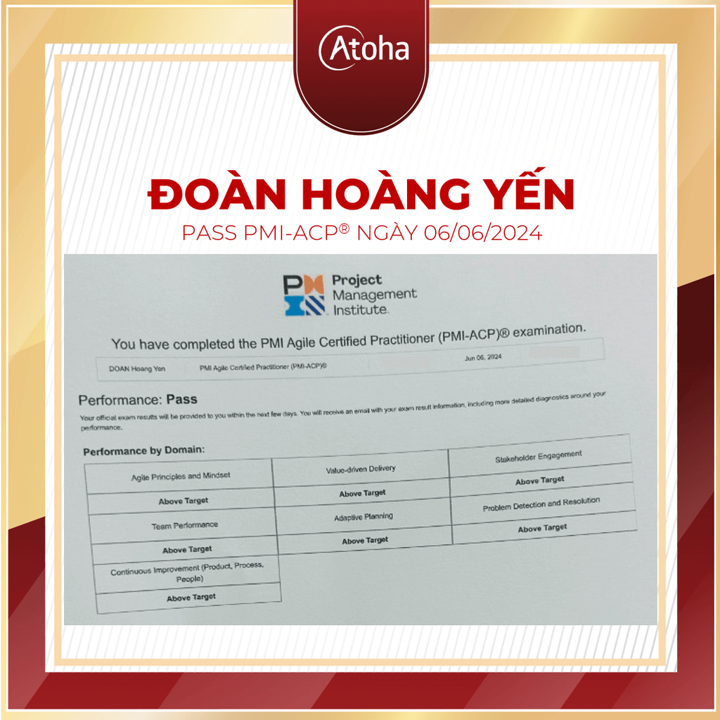 Đoàn Hoàng Yến, PMI-ACPONLINEPRO27, pass PMI-ACP max score ngày 06/06 – Atoha