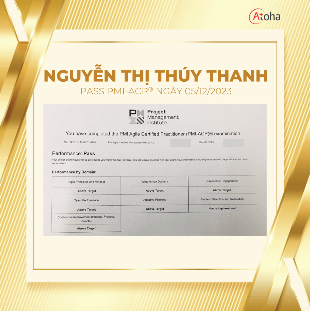 Nguyễn Thị Thúy Thanh, PMI-ACPONLINEPRO21, pass PMI-ACP® ngày 05/12 – Atoha