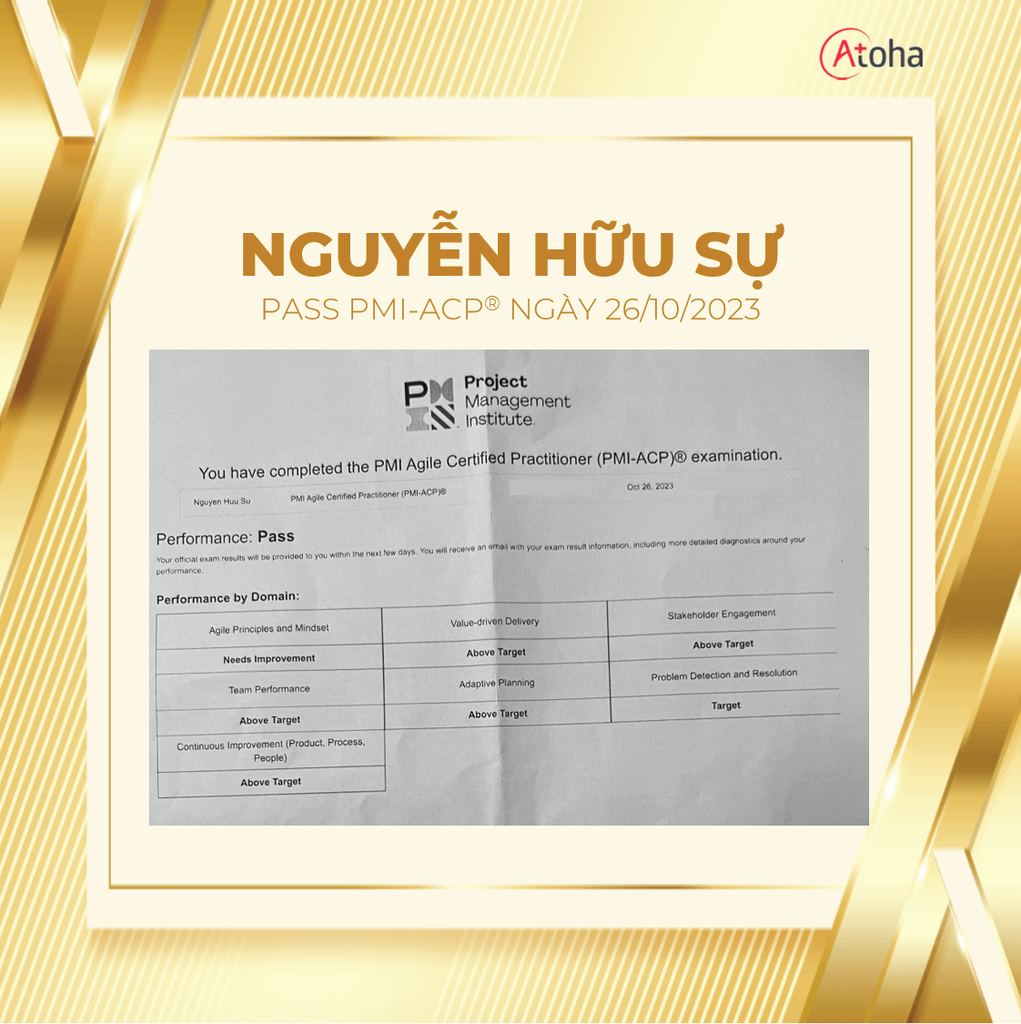 Nguyễn Hữu Sự, PMI-ACPONLINEPRO20, pass PMI-ACP® ngày 26/10/2023 – Atoha