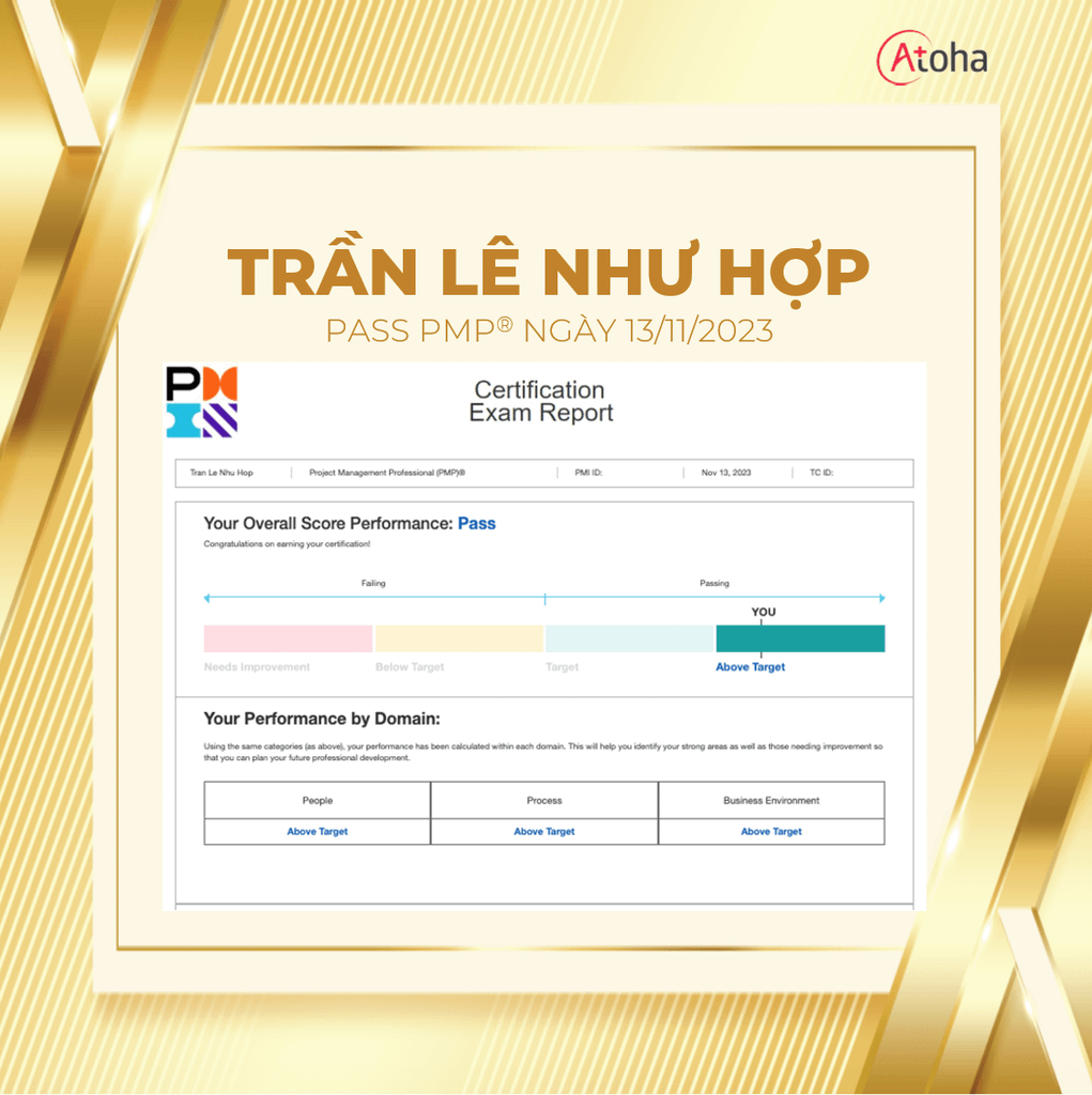 Trần Lê Như Hợp passed PMP max score ngày 13/11/2023 – Atoha