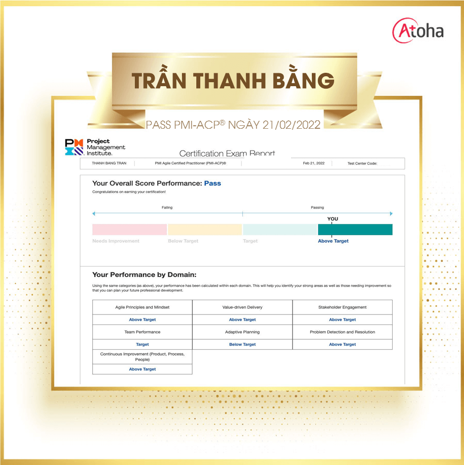 Trần Thanh Bằng, PMI-ACPONLINEPRO9, pass PMI-ACP ngày 21/02/2022 – Atoha