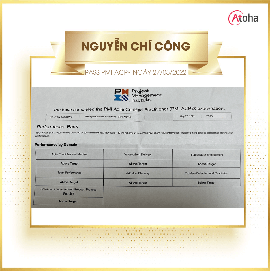Nguyễn Chí Công, PMI-ACPONLINEPRO10, pass PMI-ACP ngày 27/05/2022 – Atoha