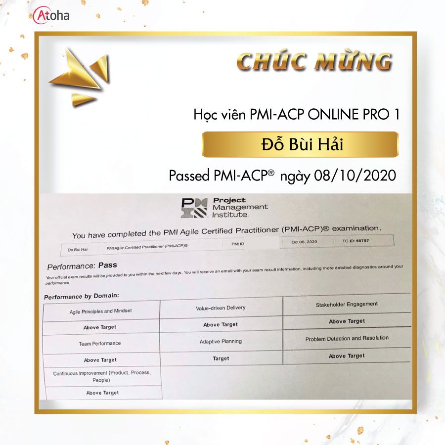 Đỗ Bùi Hải (PMI-ACP ONLINE PRO1), Pass PMI-ACP® 6AT ngày 08/10/2020 – Atoha