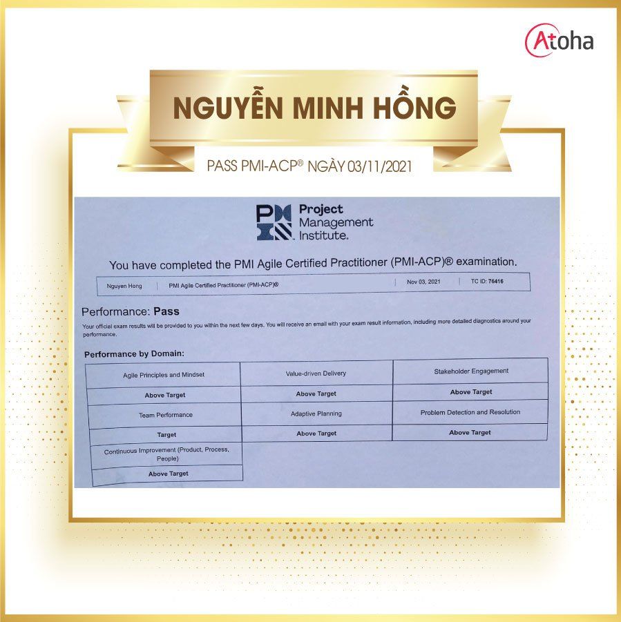 NGUYỄN MINH HỒNG, PMI-ACPONLINEPRO4, PASS PMI-ACP 6AT, NGÀY 03/11/2021 – Atoha
