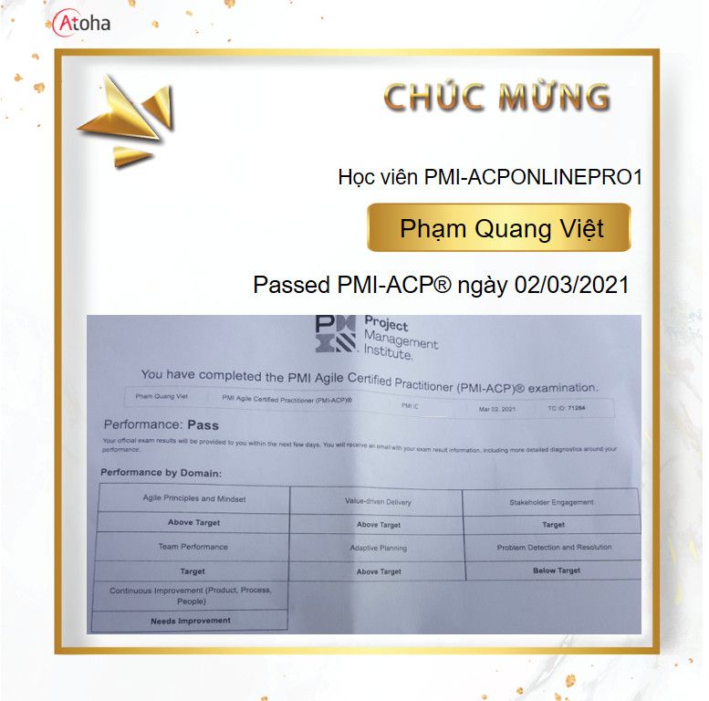 Phạm Quang Việt, PMI-ACPONLINEPRO1, Pass PMI-ACP on the first try ngày – Atoha