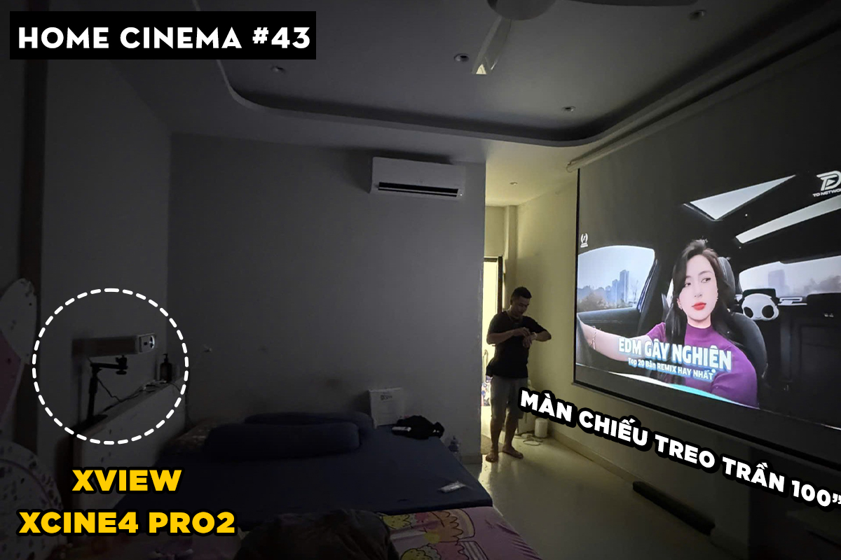 SETUP HOME CINEMA VỚI XVIEW XCINE4 PRO2 VÀ MÀN CHIẾU ĐIỆN TREO TƯỜNG – MẮT THẤY TAI NGHE