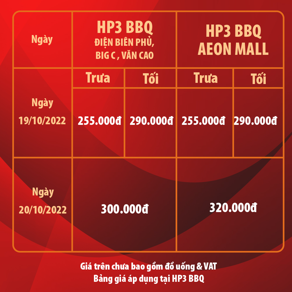 HP3 BBQ cập nhật bảng giá buffet ngày 19 - 20/10