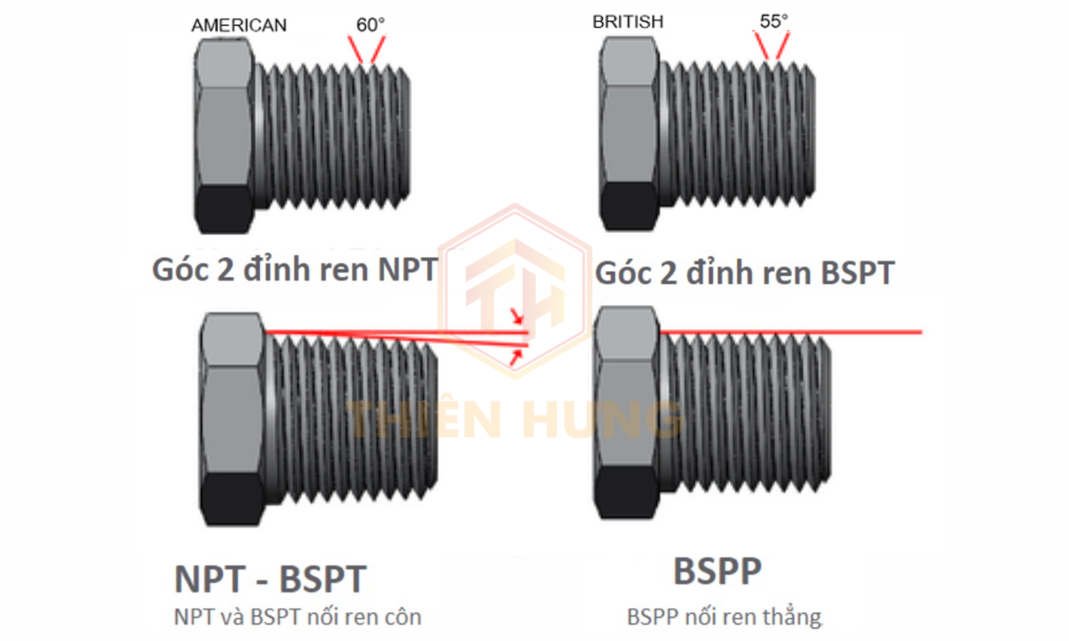 Sự khác biệt giữa các kết nối ren NPT - BSPP - BSPT và cách phân biệt?