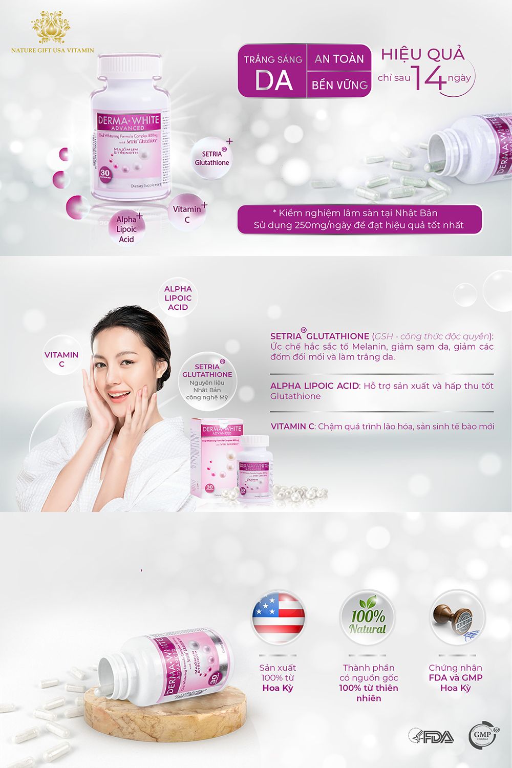 Viên uống trắng da Nature Gift Derma White Advanced 30 viên