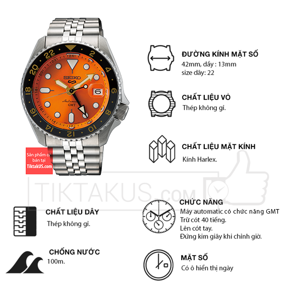 Đồng hồ nam Seiko 5 Sport automatic GMT SSK005K1 dây Jubilee - Tiktakus
