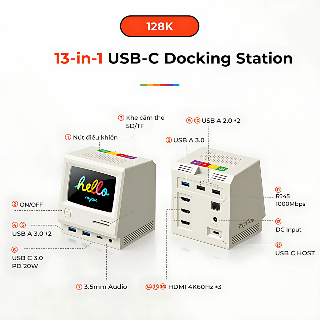 RayCue 128K: Docking Station Retro 13 Cổng Kết Nối và Loa Bluetooth ...