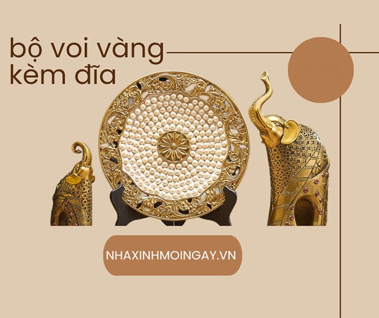 Bộ tượng voi vàng kèm đĩa trang trí phong thuỷ đẹp sang trọng– Nhà Xinh ...