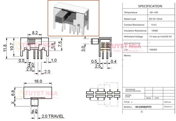 SK-23D05 Công Tắc Trượt 8 Chân 3 Vị Trí 0.1A 5VDC – ĐIỆN TỬ TUYẾT NGA