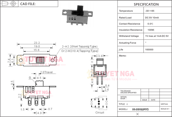 SS-23D32 Công Tắc Trượt 6 Chân 3 Vị Trí 0.1A 5VDC – ĐIỆN TỬ TUYẾT NGA