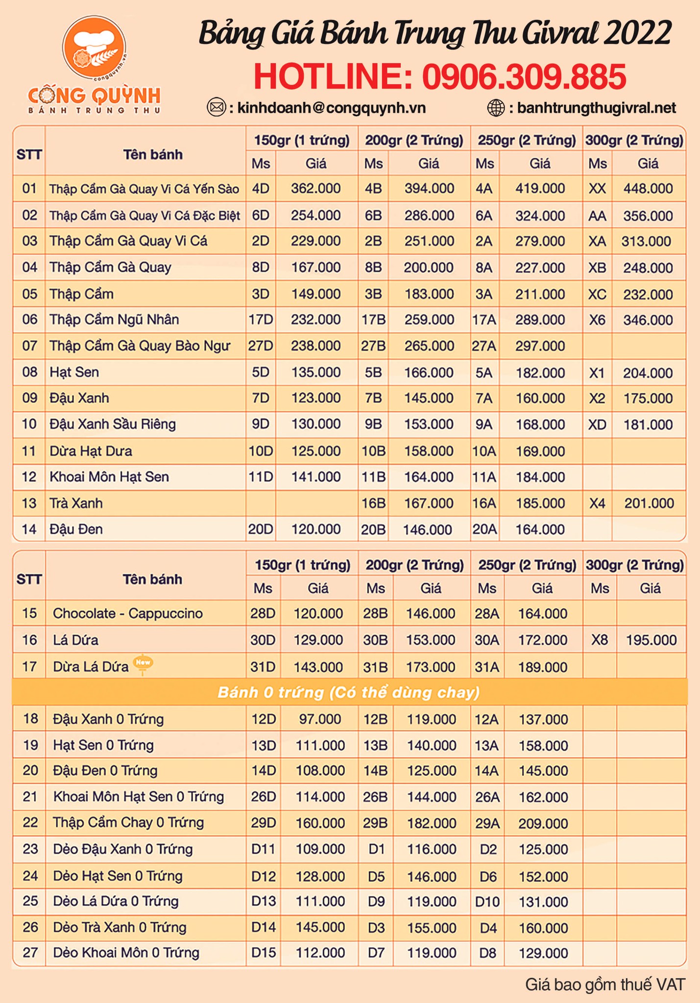 BẢNG GIÁ BÁNH TRUNG THU GIVRAL 2022 | Bánh Trung Thu Cống Quỳnh