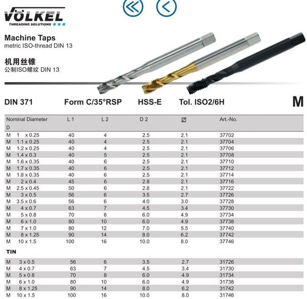 Taro xoắn hệ Mét (M) Volkel chuẩn DIN 371 – germantools