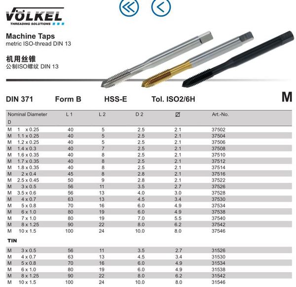Taro máy hệ Mét (M) Volkel chuẩn DIN 371 Form B – germantools