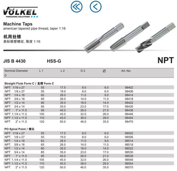 Taro máy hệ NPT Spiral Point Volkel HSS-G chuẩn JIS B 4430 – germantools