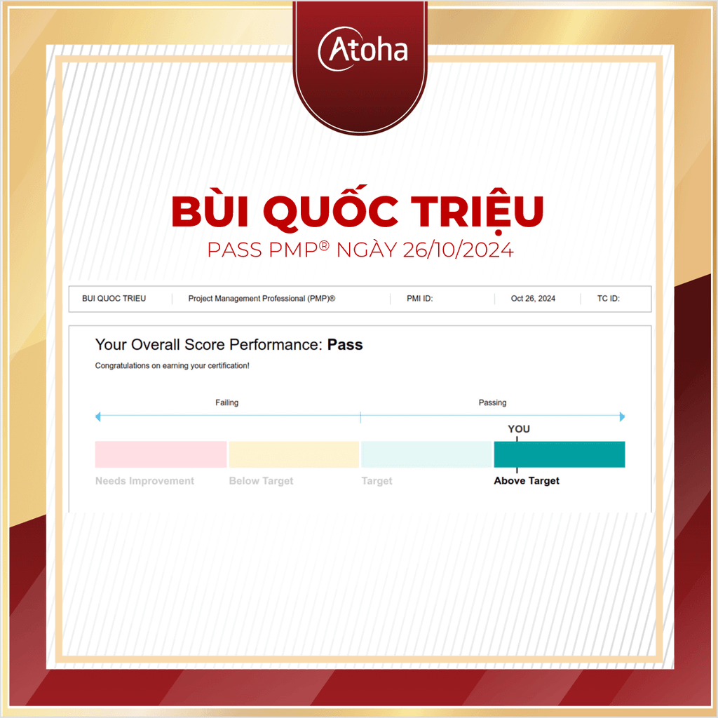 Bùi Quốc Triệu, PMPONLINEPRO35, pass PMP ngày 26/10/2024 – Atoha