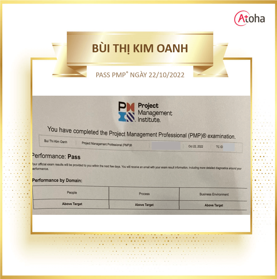 Bùi Thị Kim Oanh, PMPONLINEPRO19, pass PMP max score 22/10/2022 – Atoha