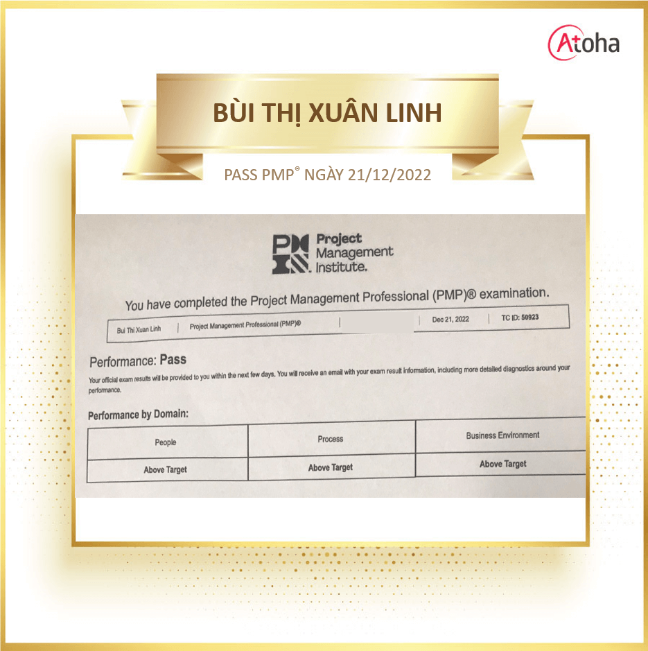 Bùi Thị Xuân Linh, PMPONLINEPRO17, pass PMP max score ngày 21/12/2022 – Atoha