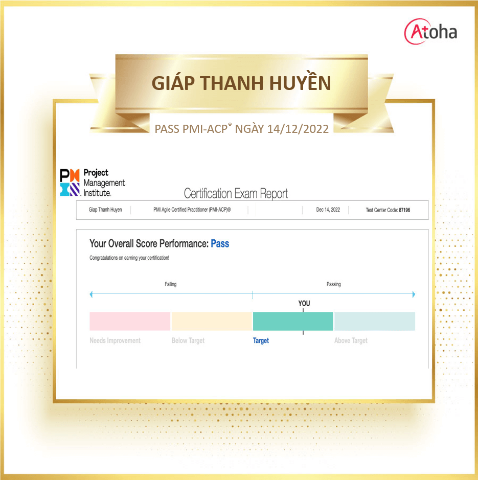Giáp Thanh Huyền, PMI-ACPONLINEPRO7, pass PMI-ACP ngày 14/12/2022 – Atoha