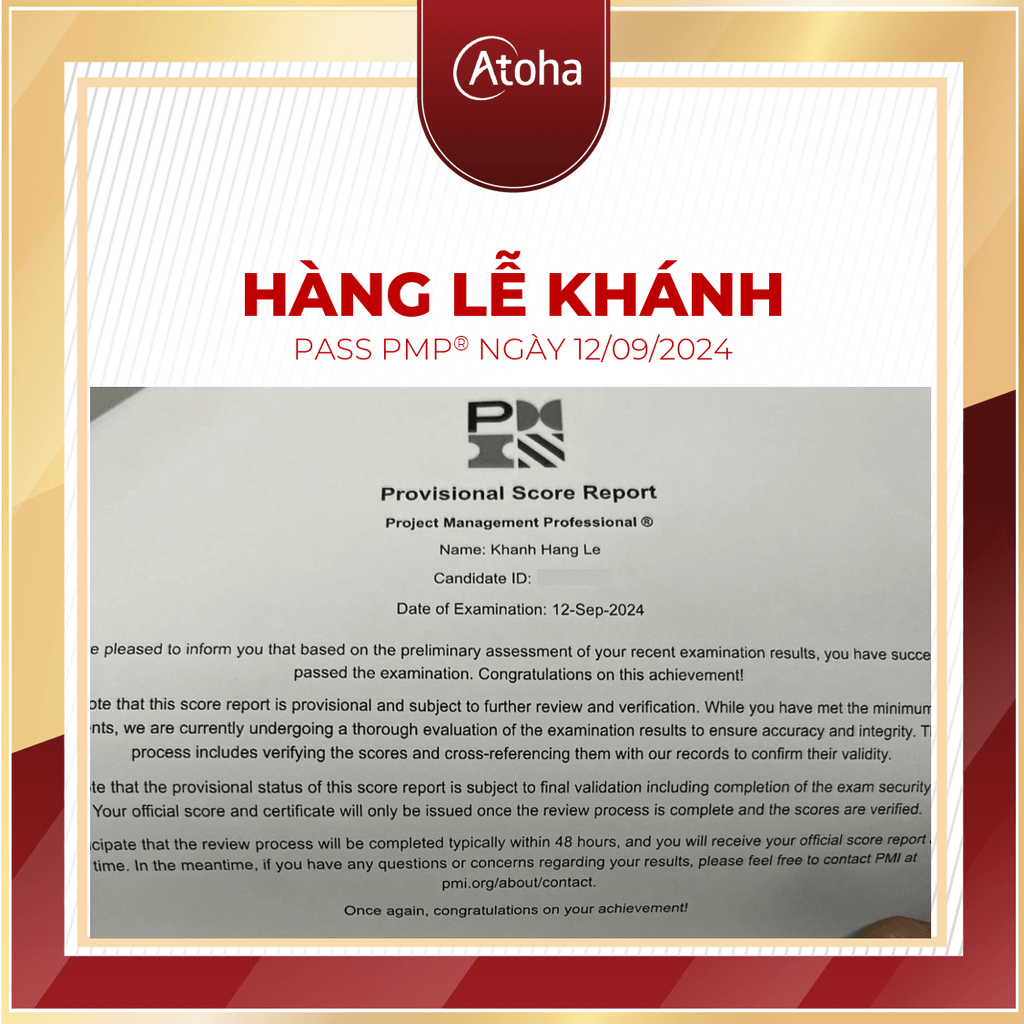Hàng Lễ Khánh, PMPPPRO38, pass PMP ngày 12/09/2024 – Atoha