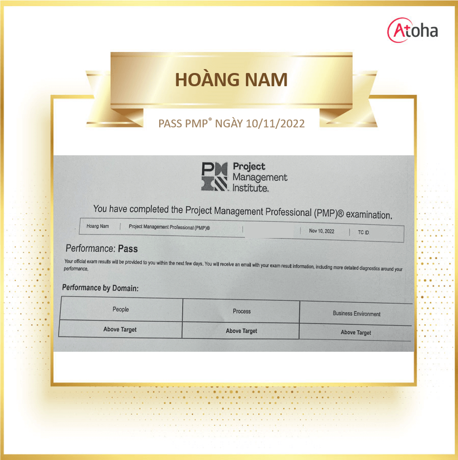 Hoàng Nam, PMPONLINEPRO15, pass PMP max score ngày 10/11/2022 – Atoha